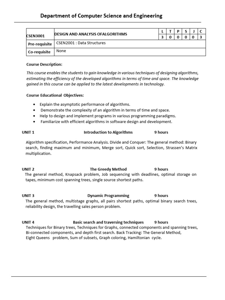 CSEN3001 Syllabus | PDF | Algorithms | Discrete Mathematics