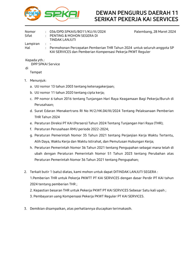 28.03.2024 Surat Percepatan Pemberian THR & Pembayaran Uang Kompensasi Ke DPP | PDF ...