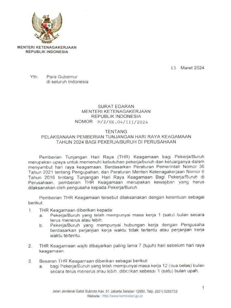 SE KEMNAKER RI, SE WALIKOTA PLG, Dan SURAT PERNYATAAN AKAN MELAKSANAKAN THR | PDF