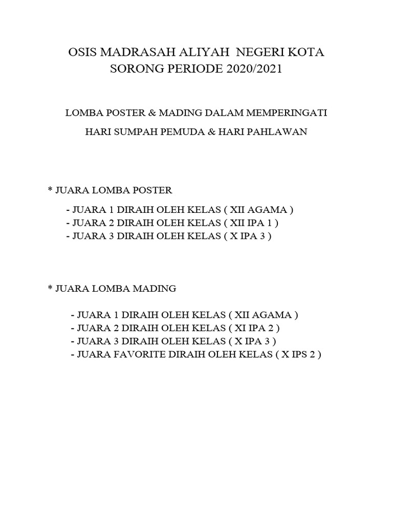 Urutan Juara Lomba Poster & Mading 2021 | PDF