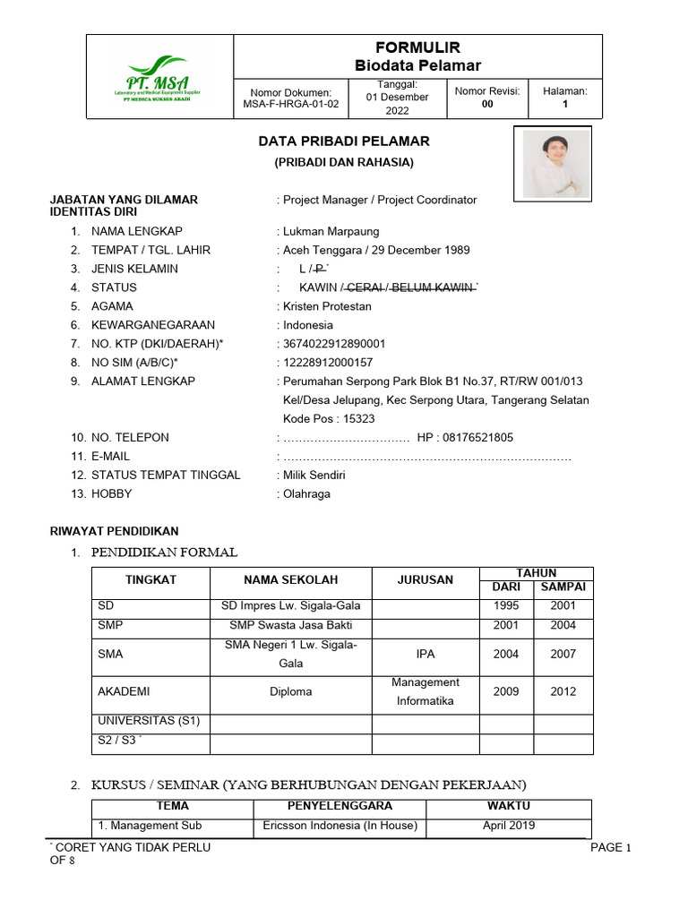 MSA-F-HRGA-01-02 Formulir Biodata Pelamar | PDF