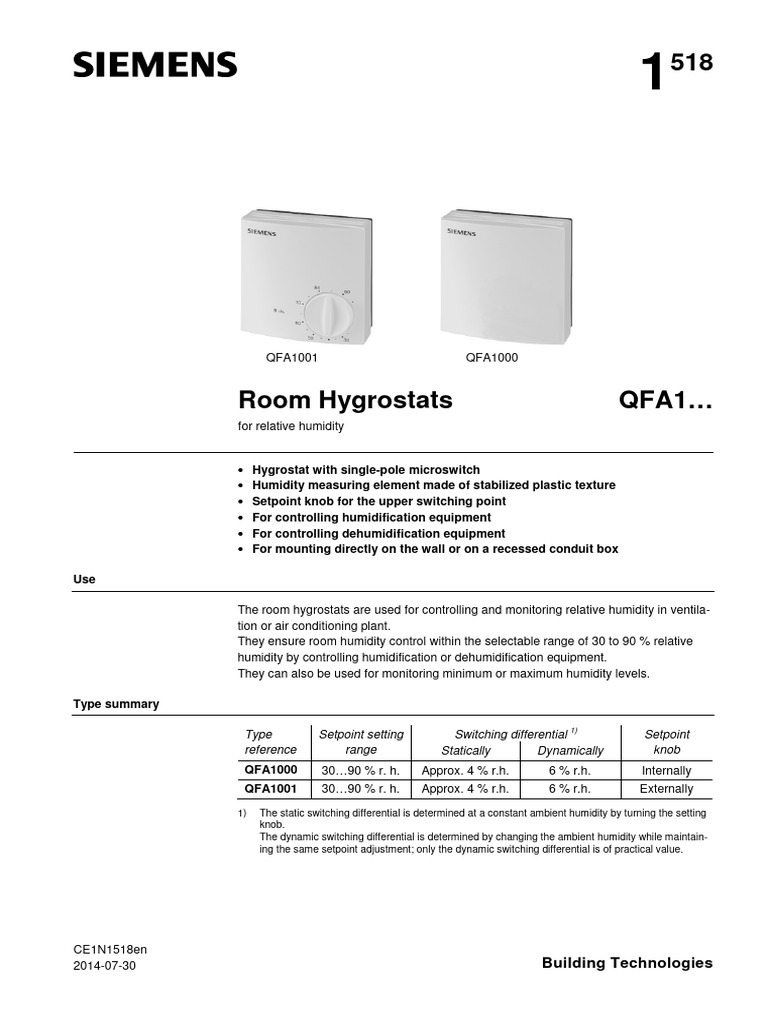 Room Hygrostats QFA1.. - en | PDF | Humidity | Calibration