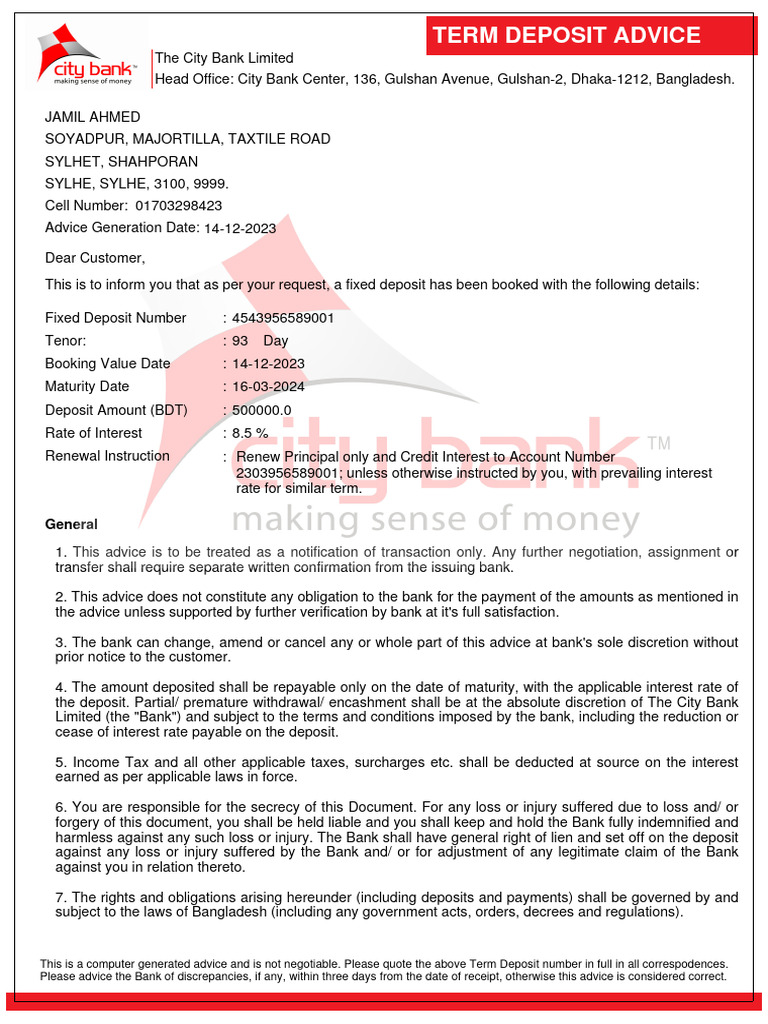 Fixed Deposit E-Advice | PDF | Banks | Interest