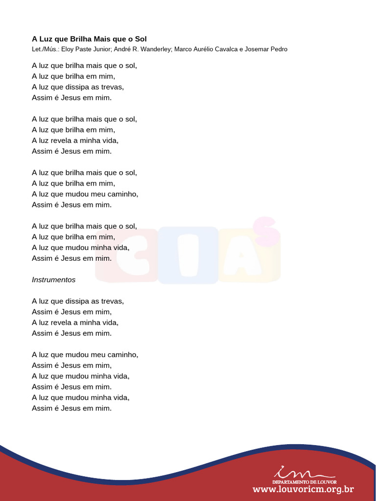 A Luz Que Brilha Mais Que o Sol - (Letra) | PDF