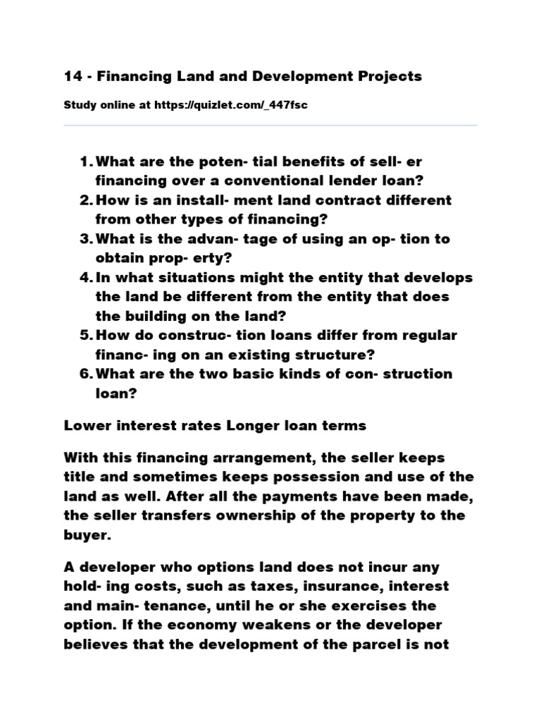 Financing Land and Development Project Questions | PDF | Loans | Mortgages