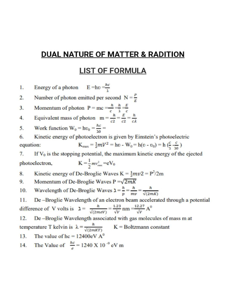Dual Nature of Matter and Radiation Formulas (Class XII) | PDF