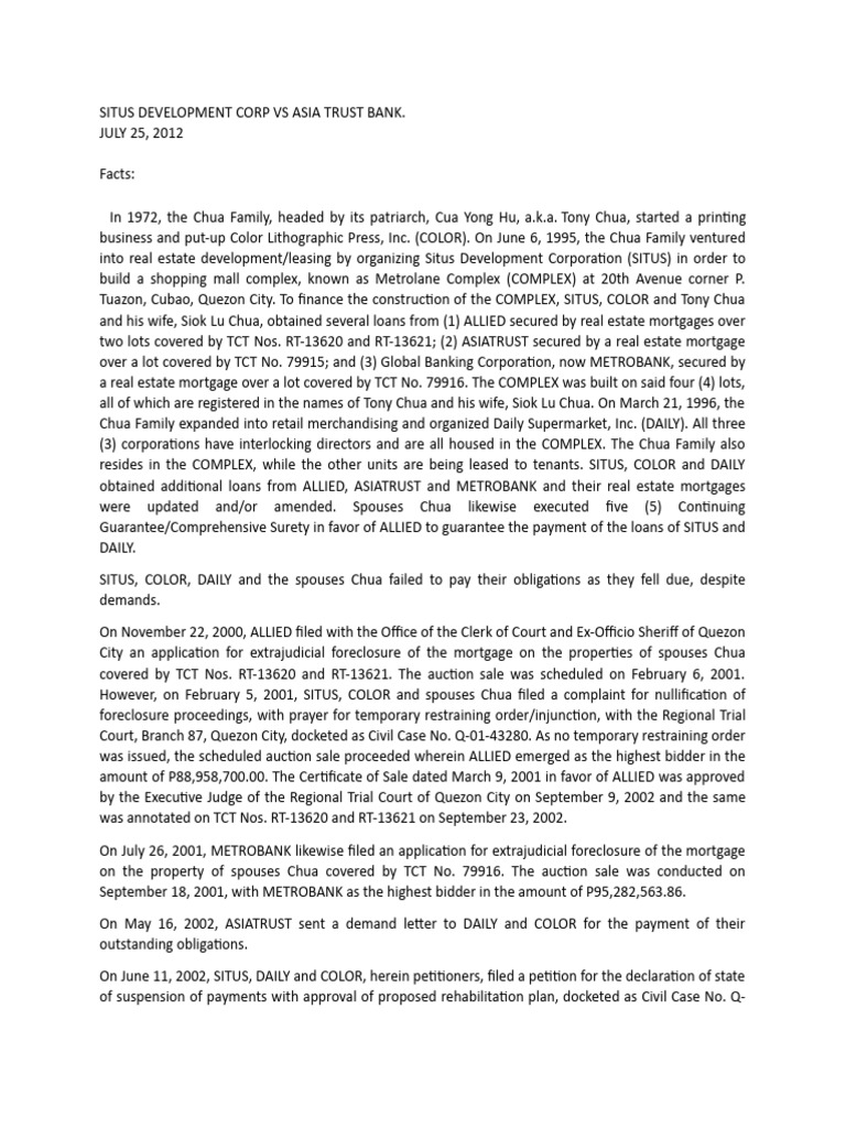 Situs Development Corp VS Asia Trust Bank | PDF | Foreclosure | Mortgages