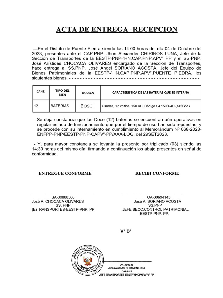 Acta de Entrega-Recepcion | PDF | Tecnología de vehículos | Vehículo de motor