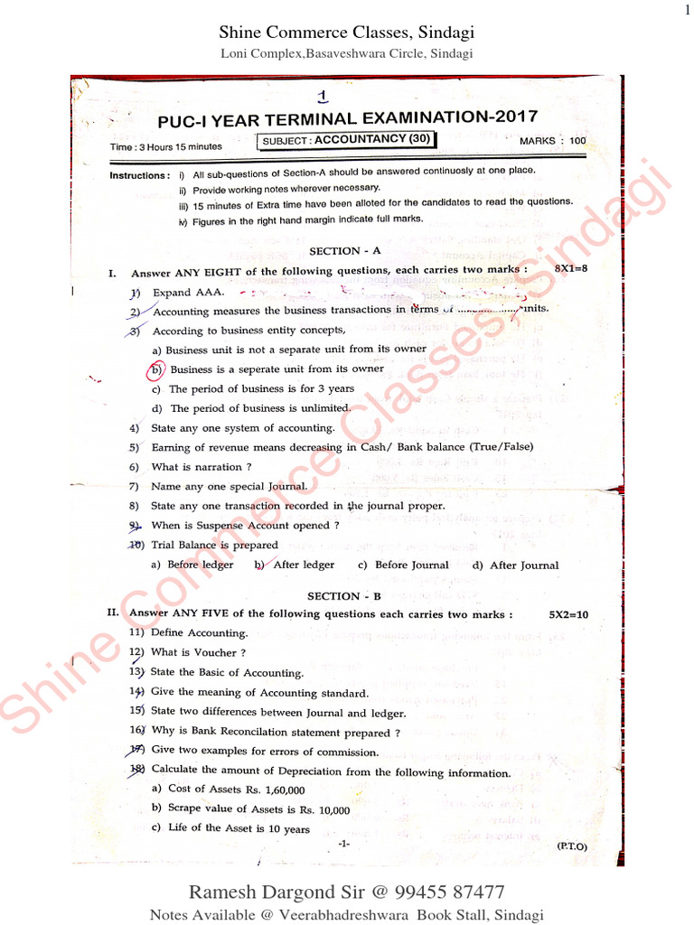 I PUC ACC QP 2017 To 2022 | PDF