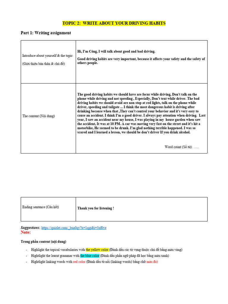 Trần Chí Công - EnT2226 - Format for Topic 2 - Your Driving Habits | PDF