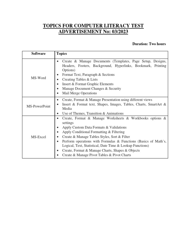 Topics For Computer Literacy Test | PDF