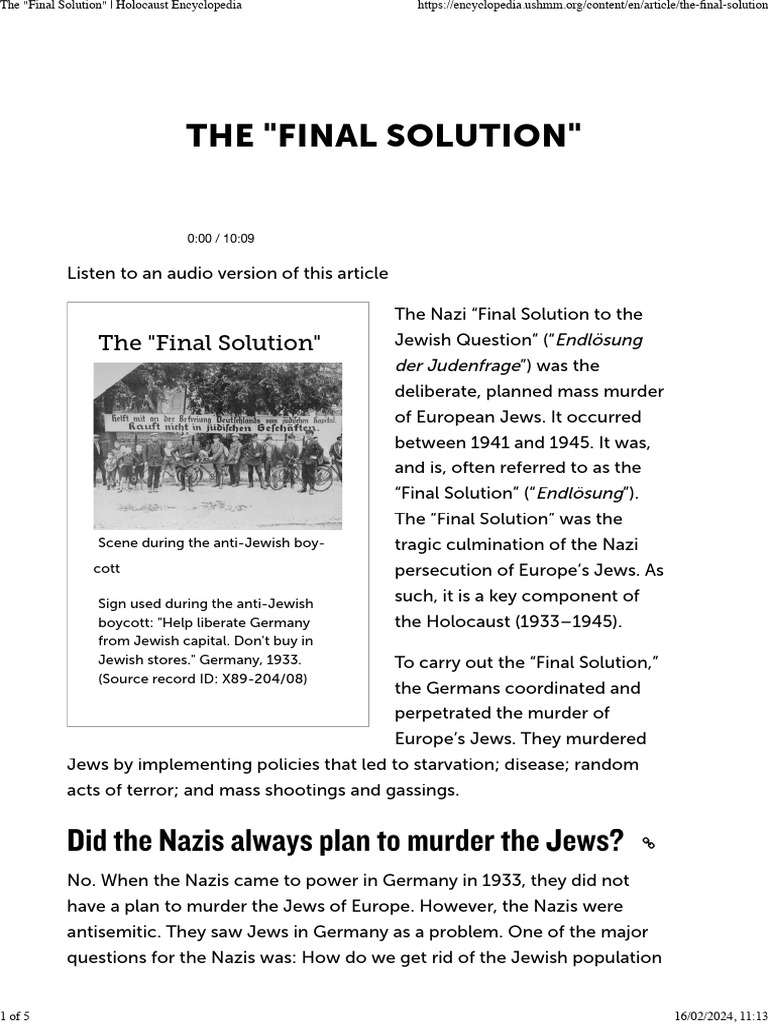 The Final Solution Holocaust Encyclopedia | PDF | The Holocaust | Final ...