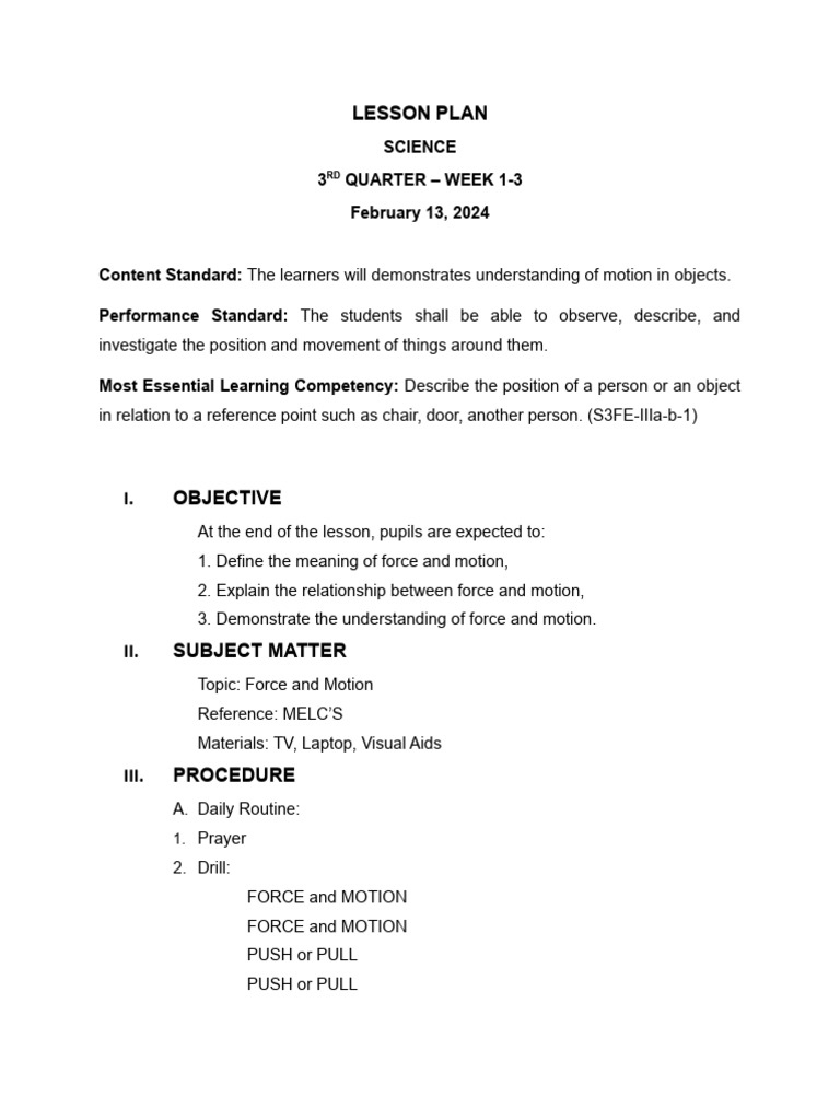 Science-LESSON PLAN | PDF | Force | Lesson Plan
