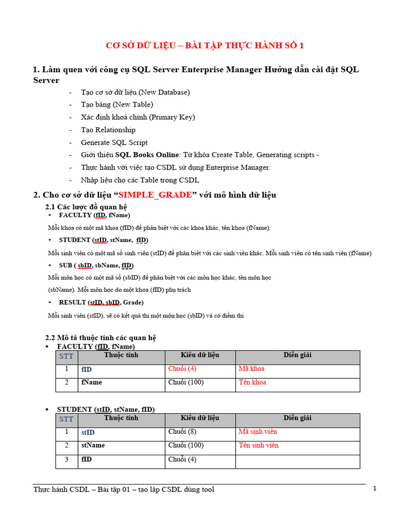 BT 01 - SIMPLE_GREDE - tạo lập csdl dùng tool | PDF