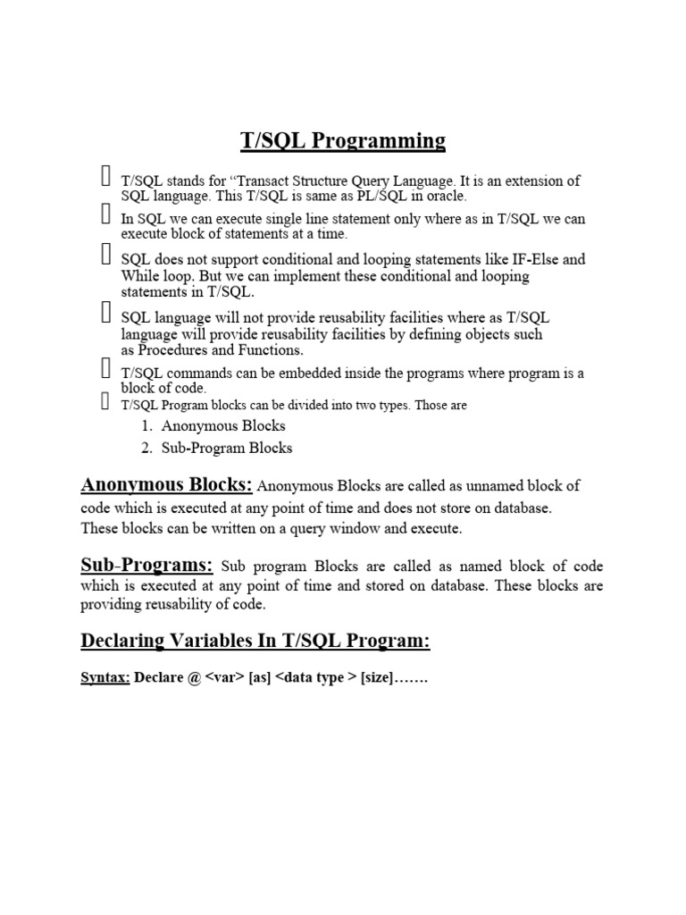 T - SQL Notes | PDF | Databases | Parameter (Computer Programming)