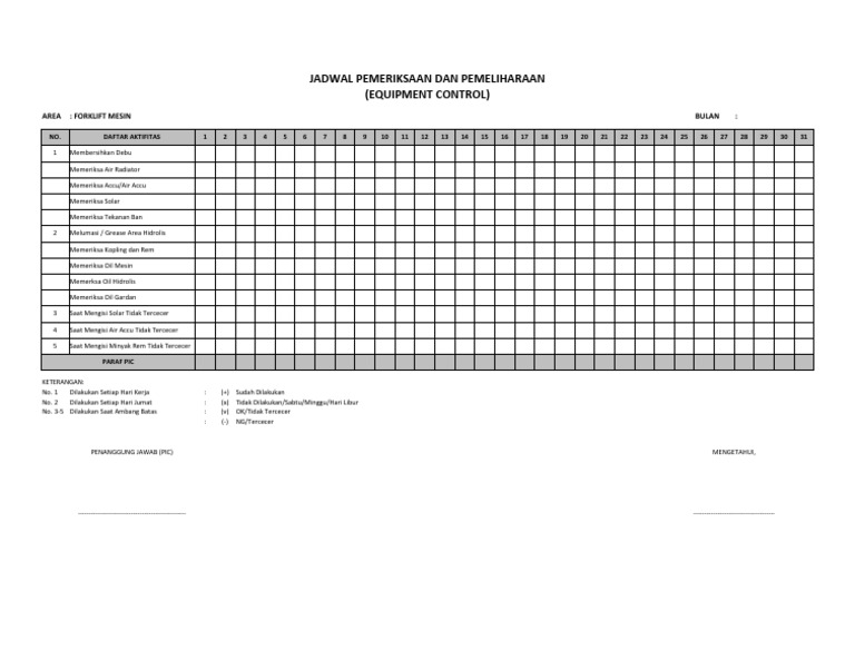 Form Jadwal Pemeriksaan Dan Pemeliharaan Forklift Mesin | PDF