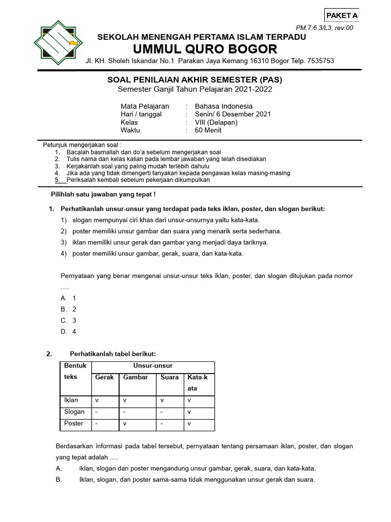 Soal Pas Bindo A Baru | PDF