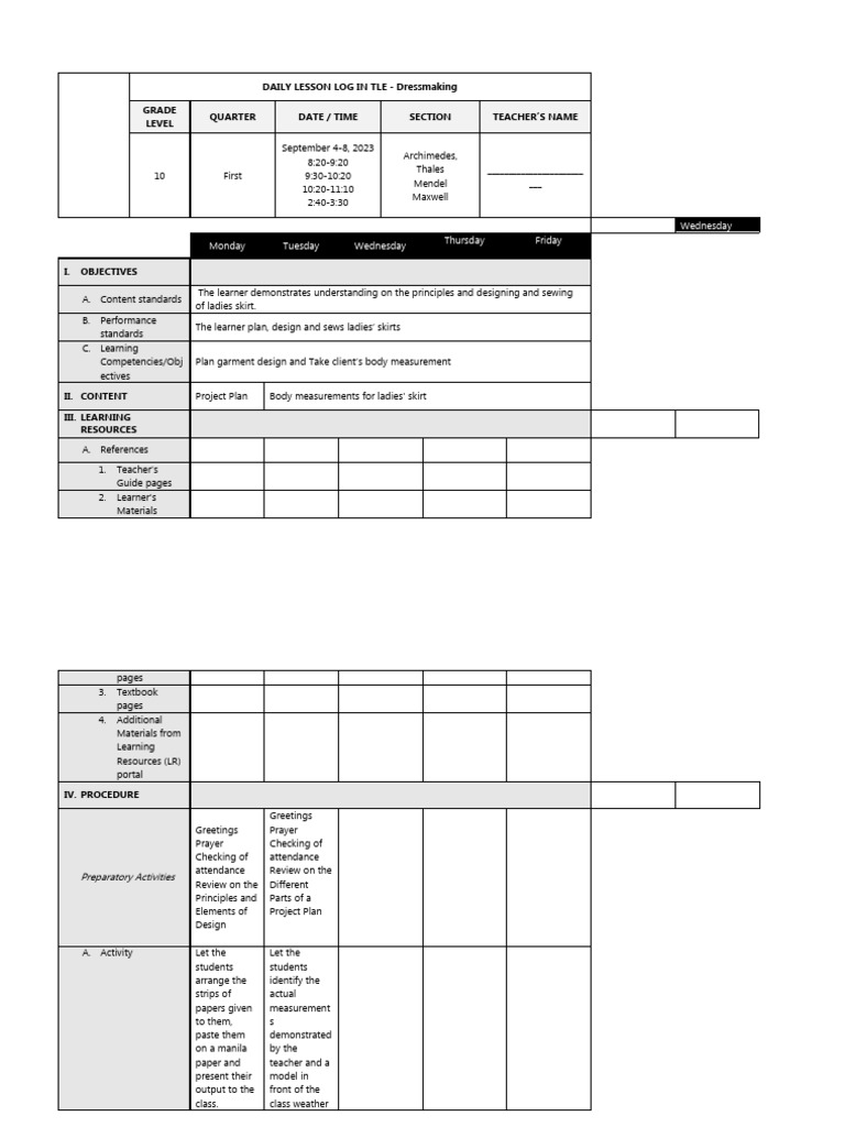 Daily Lesson Log in Tle 10 Dressmaking Quarter 1 Week 3 | PDF | Skirt | Cognition