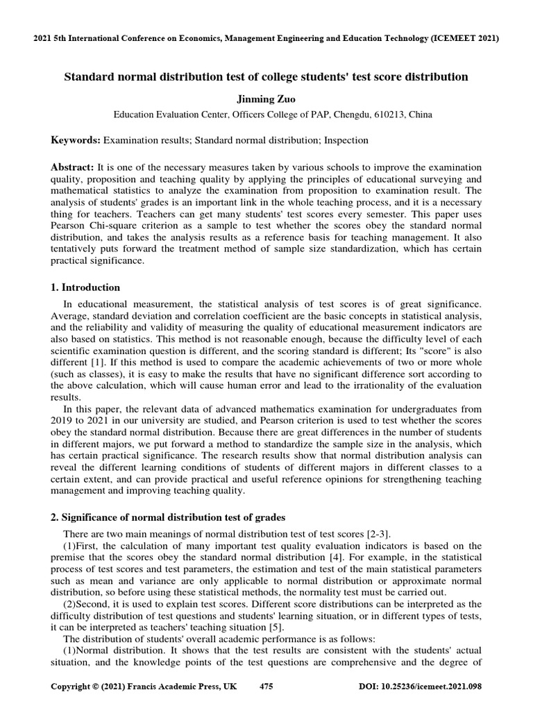 Standard Normal Distribution Test of College Students' Test Score ...