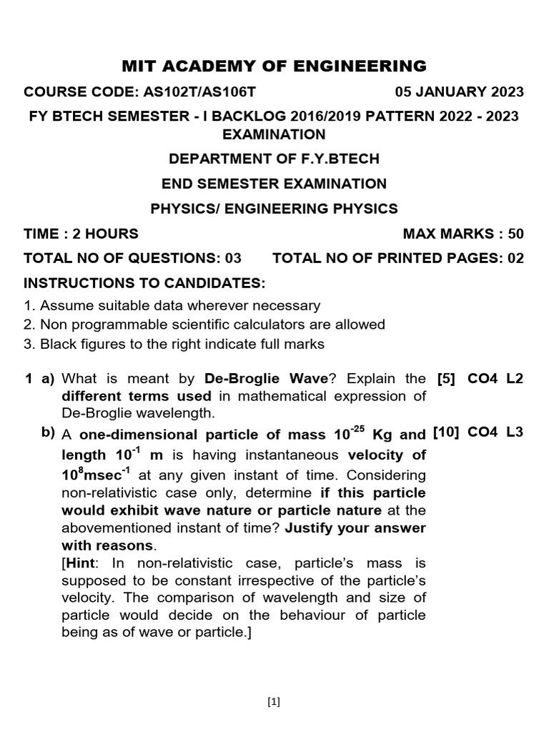 FY BTech - AS - Physics Engineering Physics - Jan 2023 | PDF | Electron | Wavelength