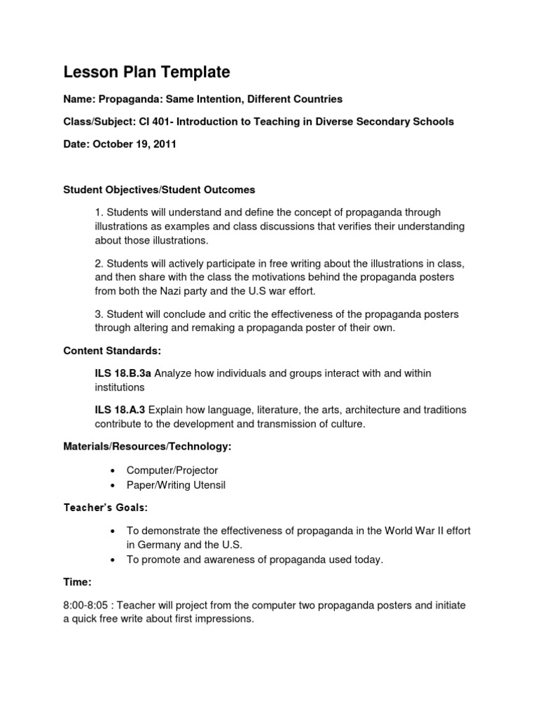 Propaganda Lesson Plan for CI 401 | PDF | Propaganda | Lesson Plan