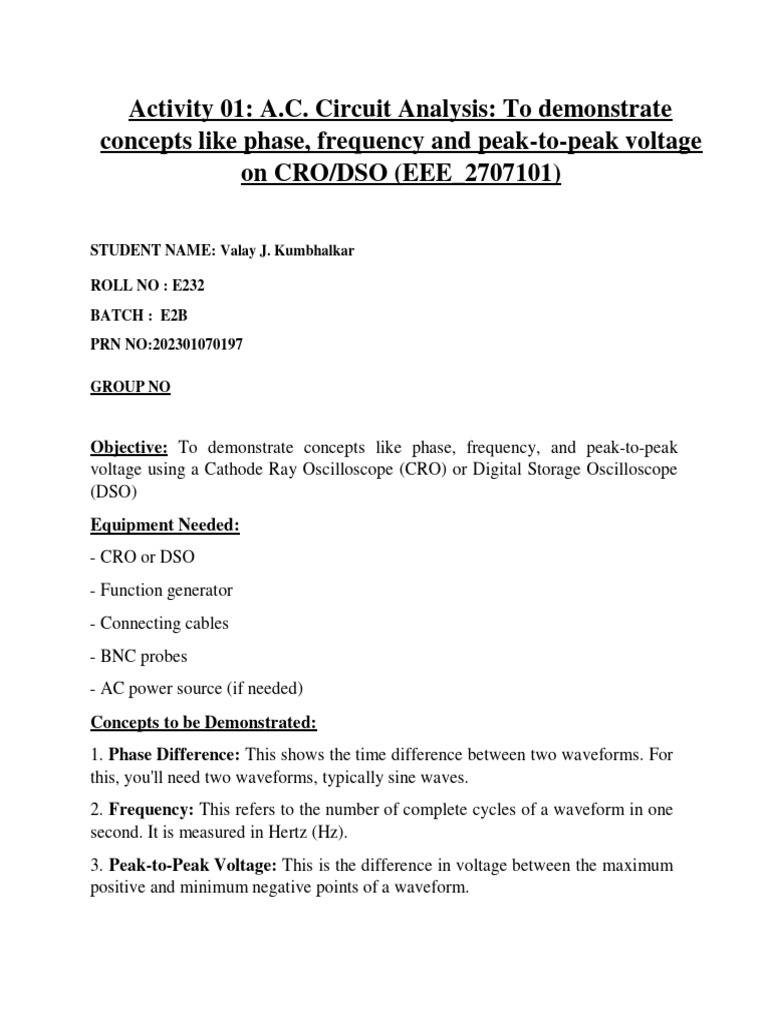 Activity 01: A.C. Circuit Analysis: To Demonstrate Concepts Like Phase, Frequency and Peak-To ...