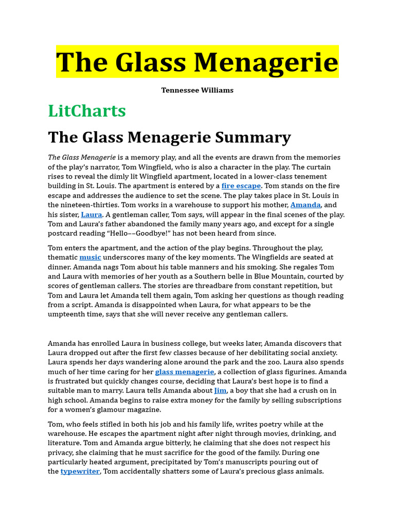The Glass Menagerie: A Summary | PDF