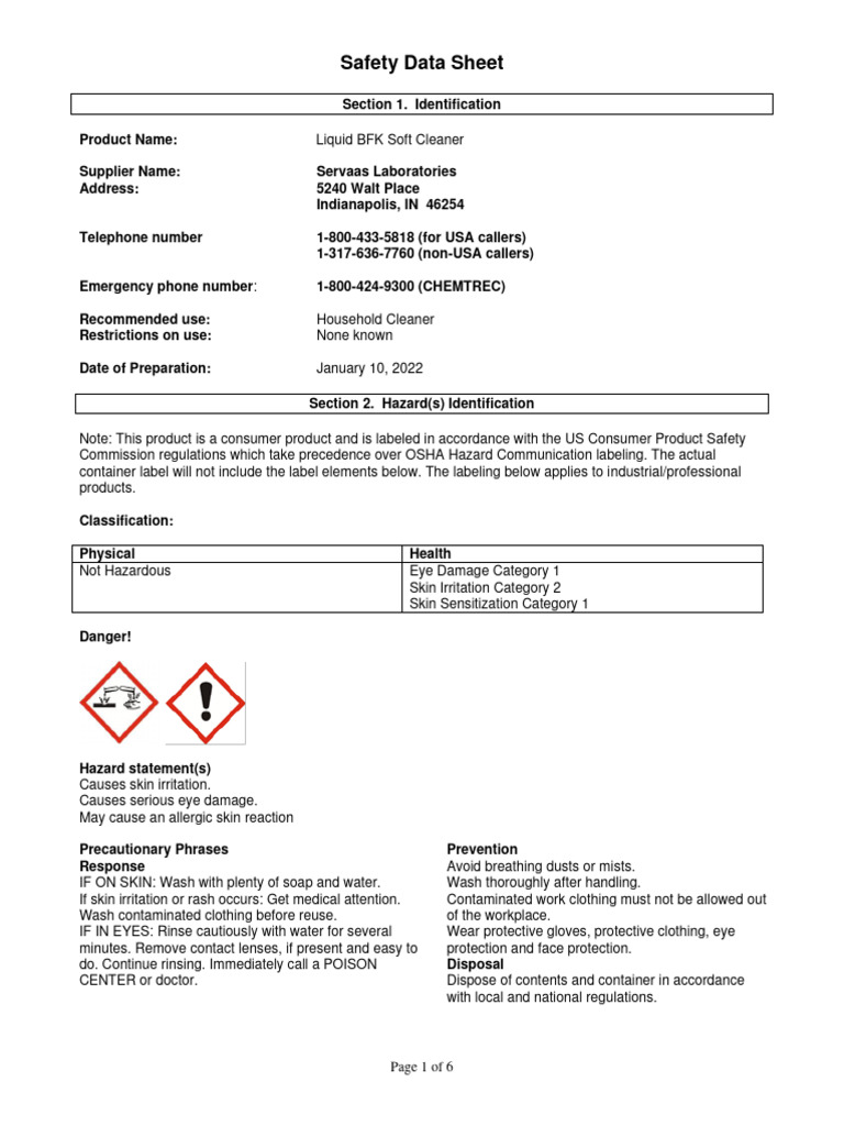 Liquid BFK Soft Cleaner Safety Data Sheet | PDF | Personal Protective ...