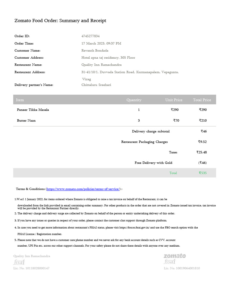 Zomato Order Summary and Receipt | PDF