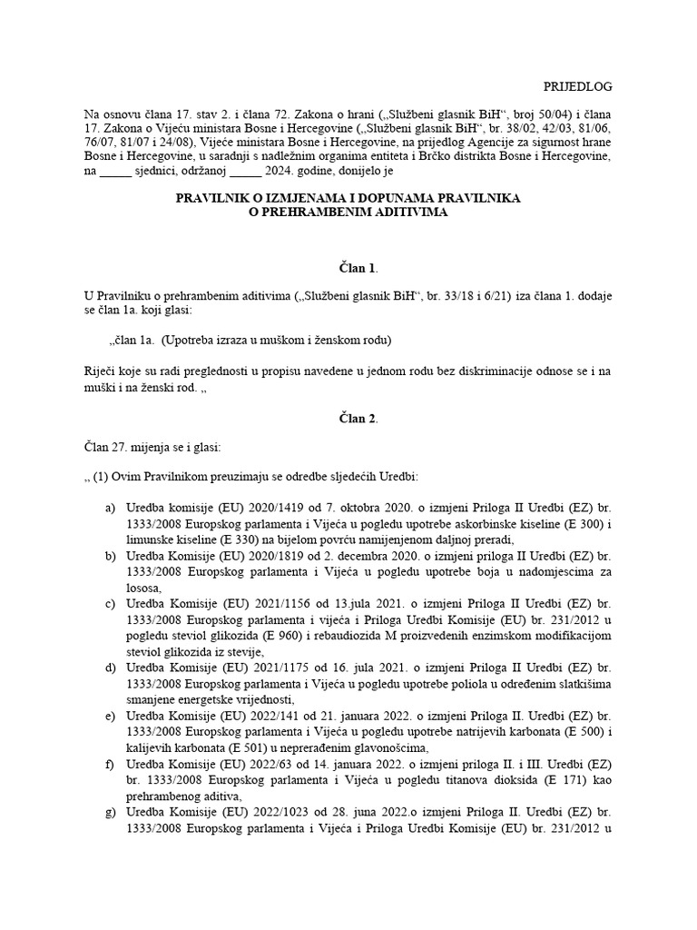 Pravilnik o Izmjenama I Dopunama Pravilnika o Prehrambenim Aditivima | PDF