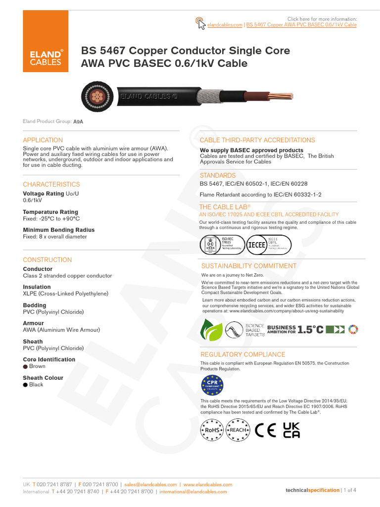 Bs 5467 Awa PVC Basec Single Core 0 6 1kv Cable 1 | Download Free PDF ...