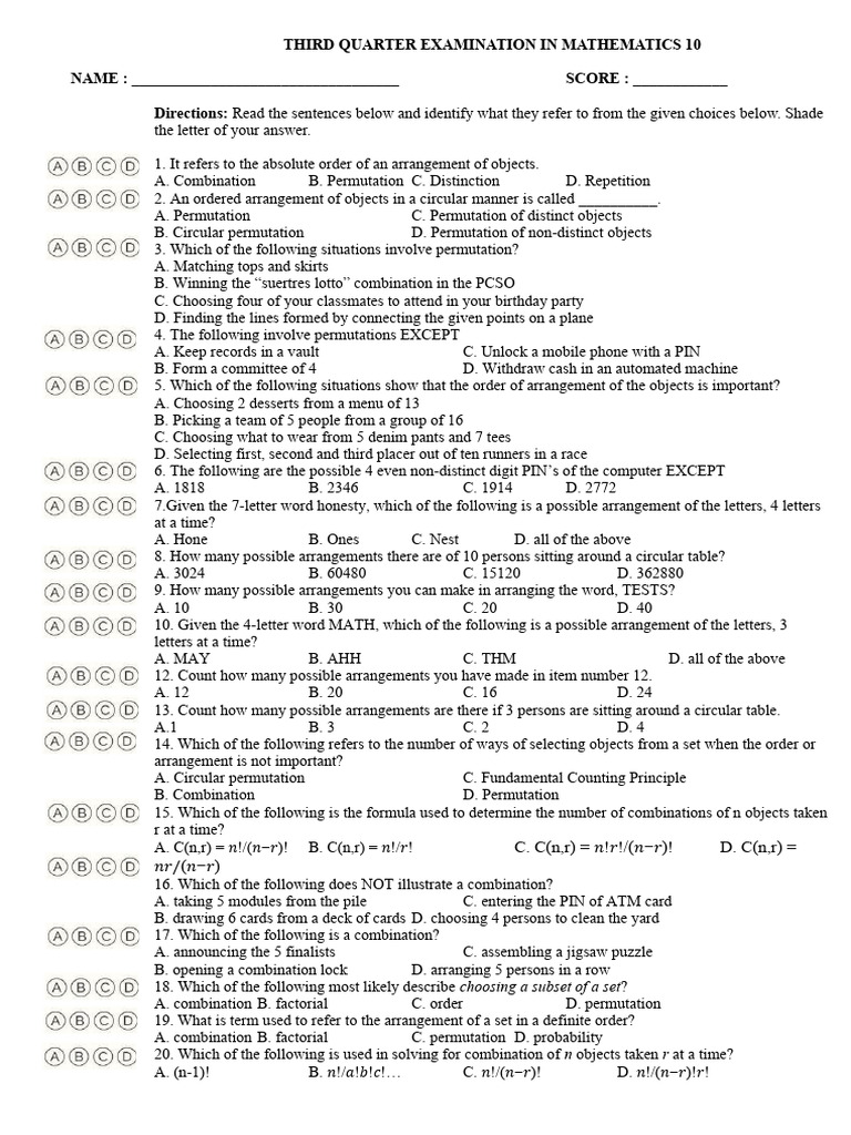Third Quarter Examination in Mathematics 10 | PDF | Odds | Mathematics