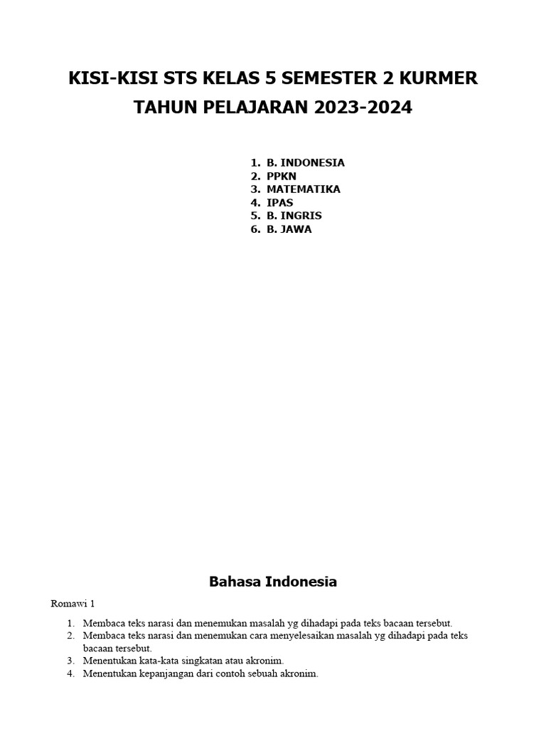 Kisi-Kisi STS Semester 2 Kelas 5 Kumer | PDF