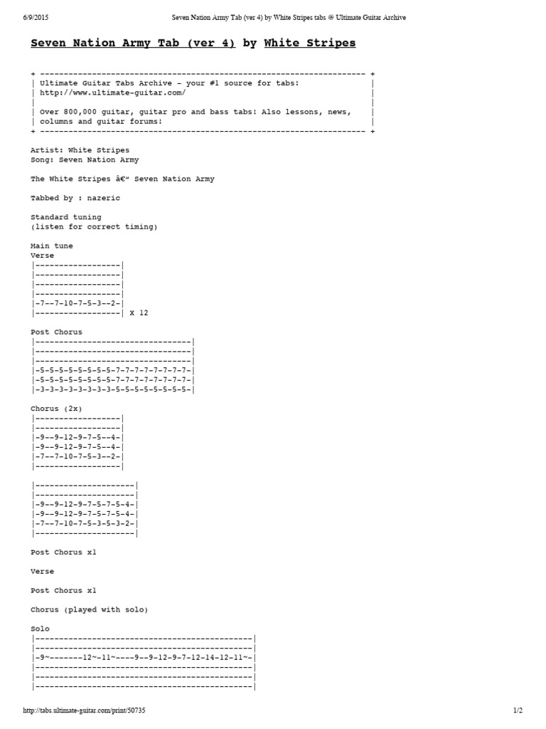 Seven Nation Army Tab (Ver 4) by White Stripes Tabs | PDF | Guitar ...