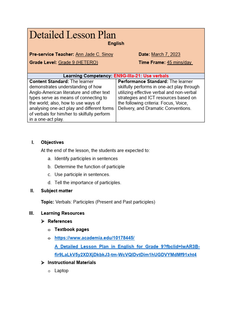 KNCHS LESSON-PLAN Hetero | PDF | Verb | Lesson Plan