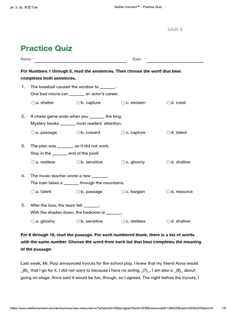 Sadlier Connect™ - Practice Quiz4 | PDF | Home & Garden