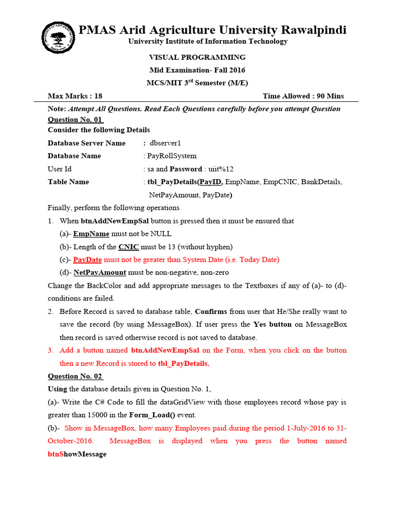 Visual Programming Mcs Mit Mid Fall 2016 Pdf C Sharp Programming Language Databases