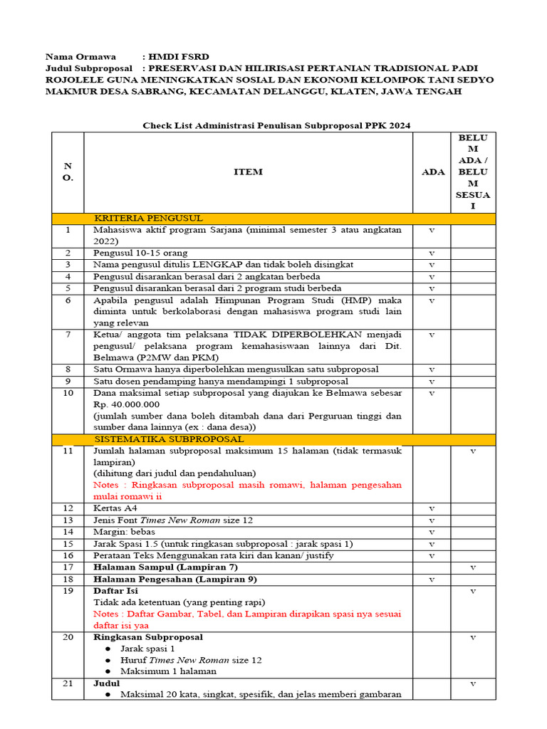 HMDI - Checklist Sistematika Penulisan SubProposal PPK 2024 | PDF