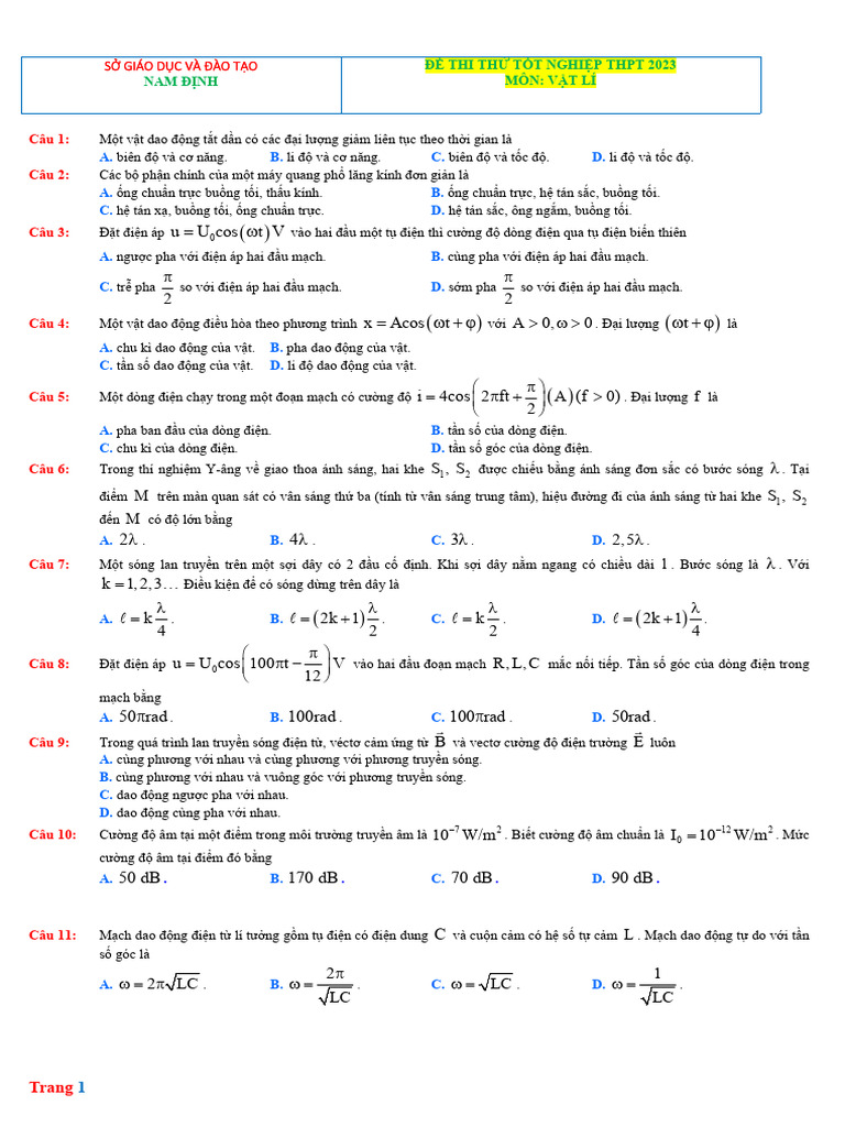 De Thi Thu 2023 Vat Li So GD Nam Dinh | PDF