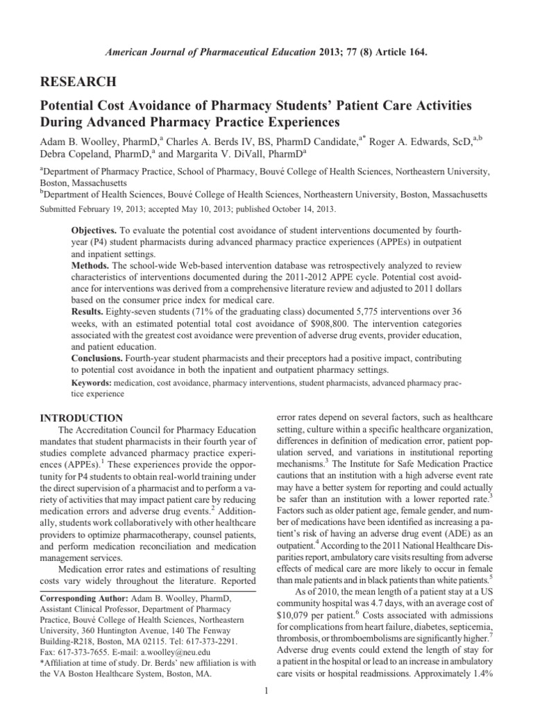 Cost Avoidance from Pharmacy Student Interventions | PDF | Pharmacy ...