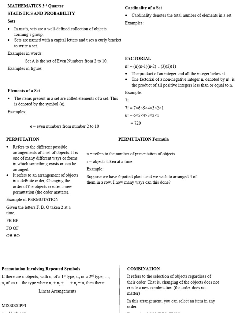 Mathematics 3rd Quarter Notes | PDF | Set (Mathematics) | Permutation