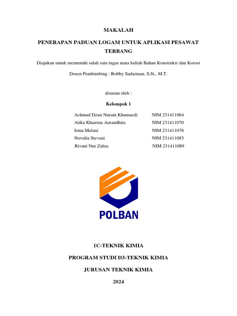 Kelompok 1 - 1C TKI - Penerapan Paduan Logam Untuk Aplikasi Pesawat Terbang | PDF