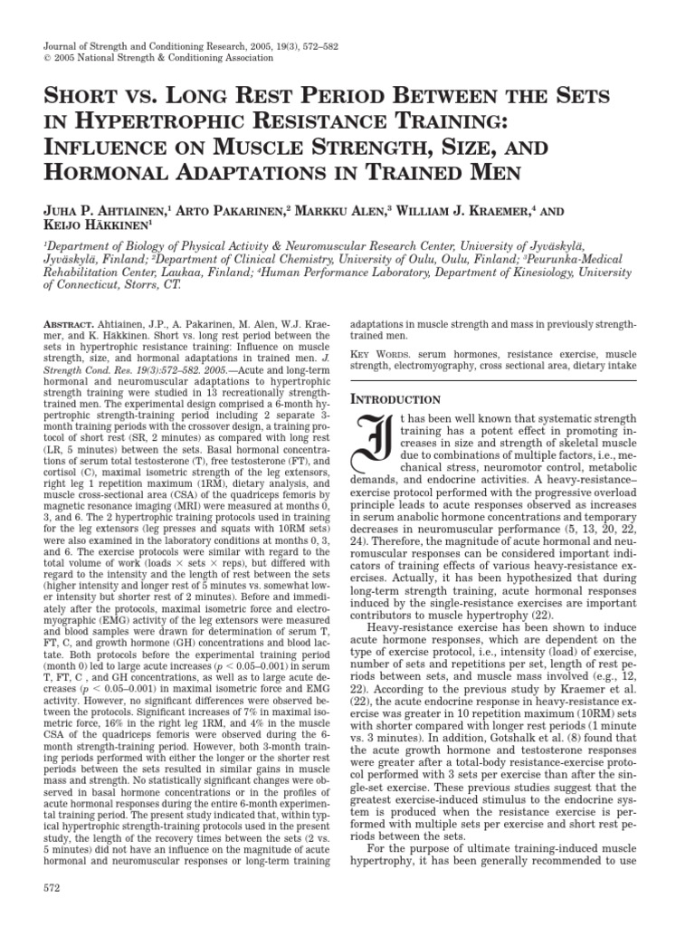 Short vs. Long Rest Period Between The Sets in Hypertrophic Resistance Training Influence On ...