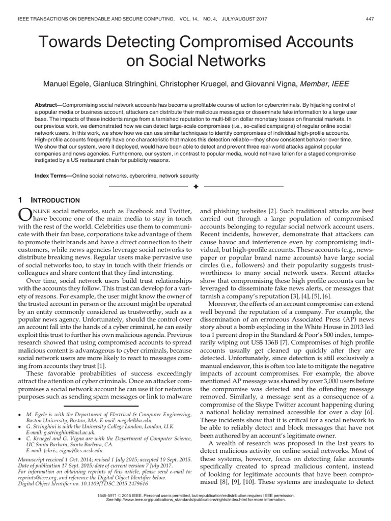 Towards Detecting Compromised Accounts On Social Networks | PDF | Malware | Cybercrime