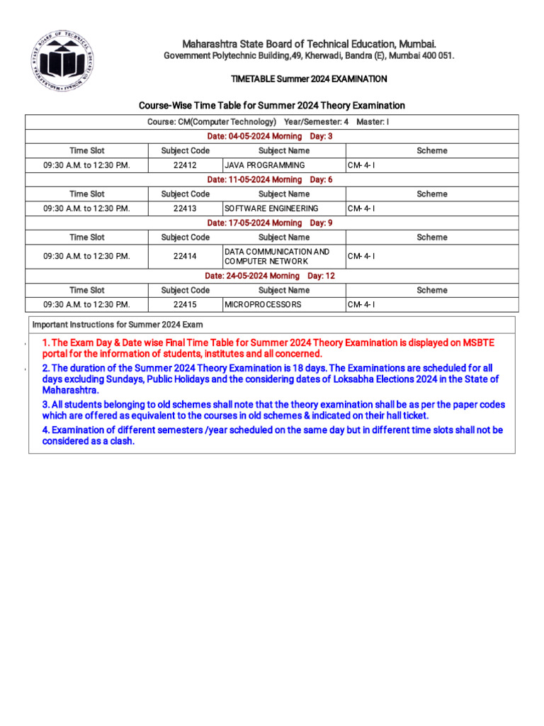 CM Summer 2024 Exam Schedule | PDF | Academic Term | Computer Engineering