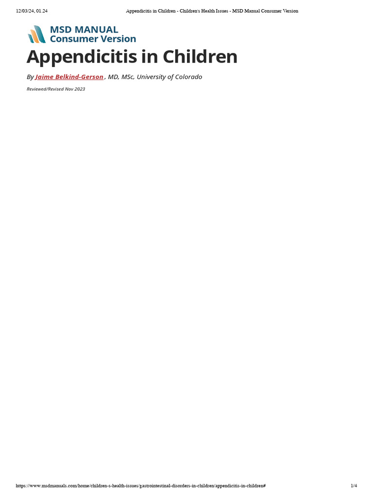 Appendicitis in Children - Children's Health Issues - MSD Manual ...