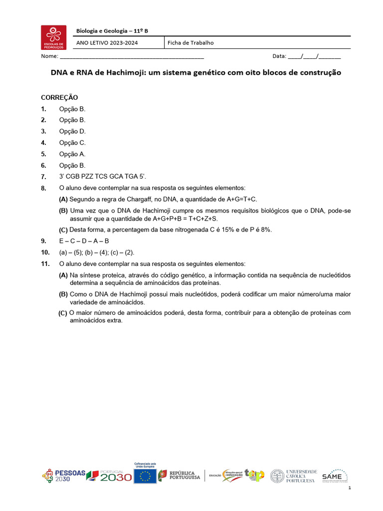 Ficha Trabalho 5 - DNA e RNA de Hachimoji - CC | PDF