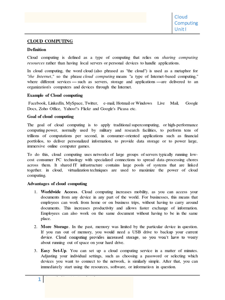 Cloud Computing Unit 1 | PDF | Cloud Computing | Enterprise Resource ... Cloud Computing Unit 1 | PDF | Cloud Computing | Enterprise Resource ...