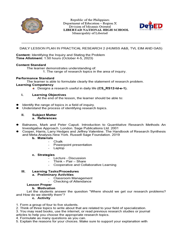 Lesson Plan in PR 2 | PDF | Lesson Plan | Inquiry