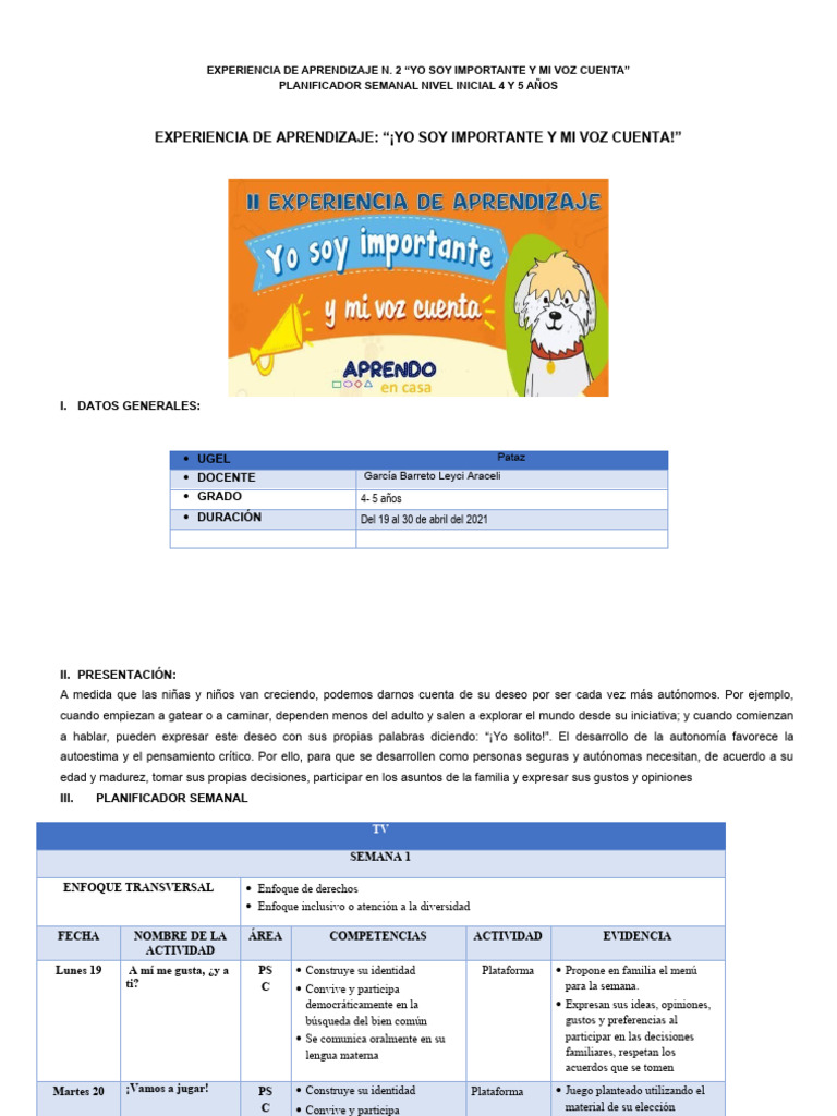 Planificador Semanal, Experiencia de Aprendizaje N.2 | PDF